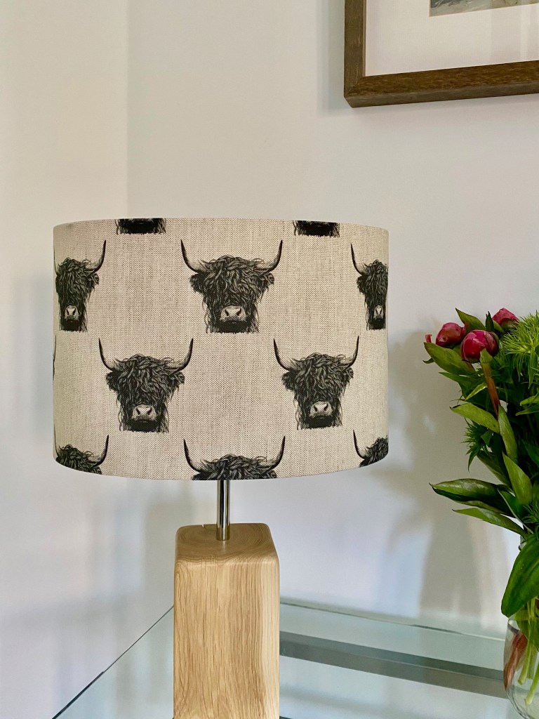 Highland Cow Lampshade - slate and oak Handmade exclusive fabric design