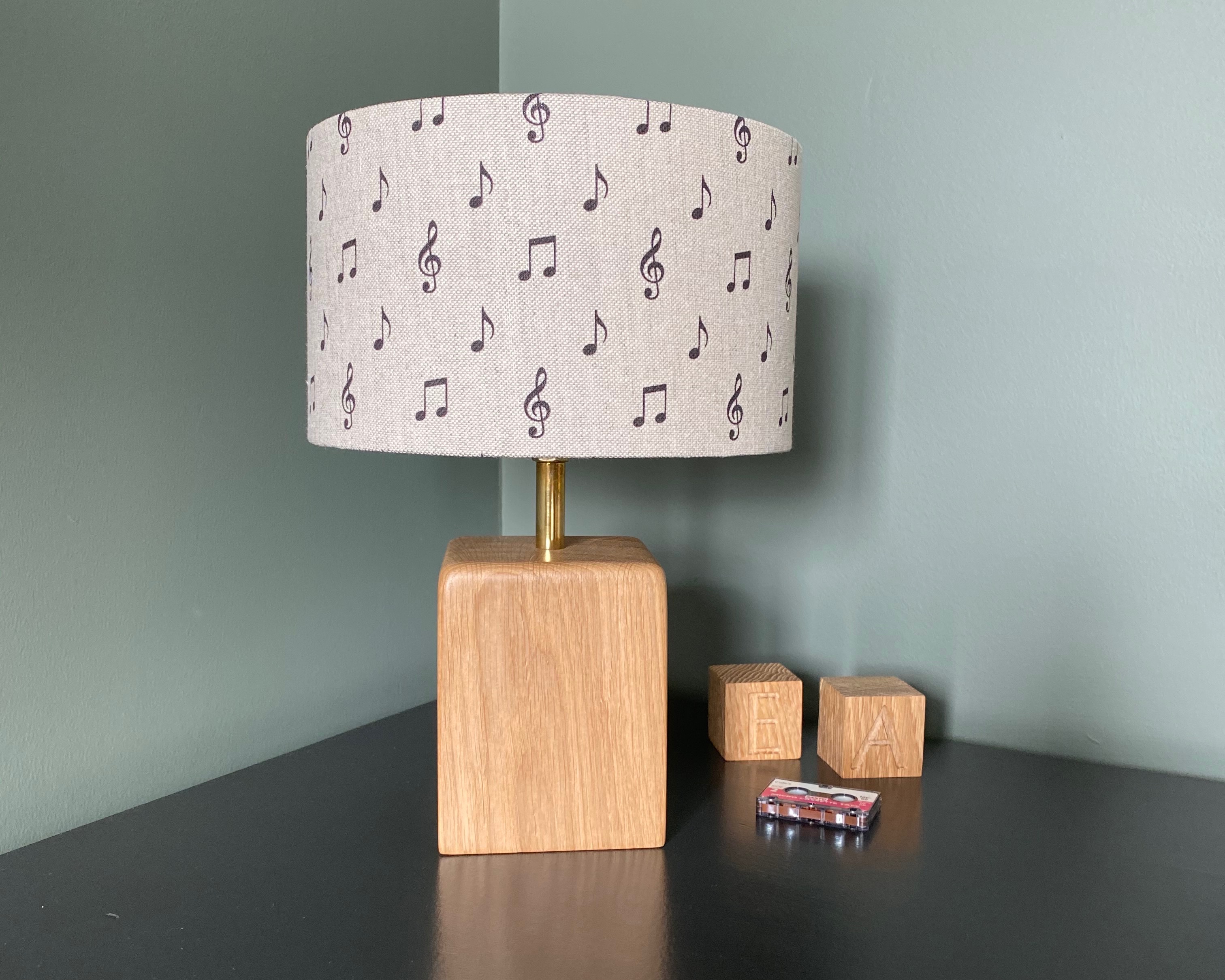 Musical Notes Lampshade - slate and oak Handmade exclusive fabric design