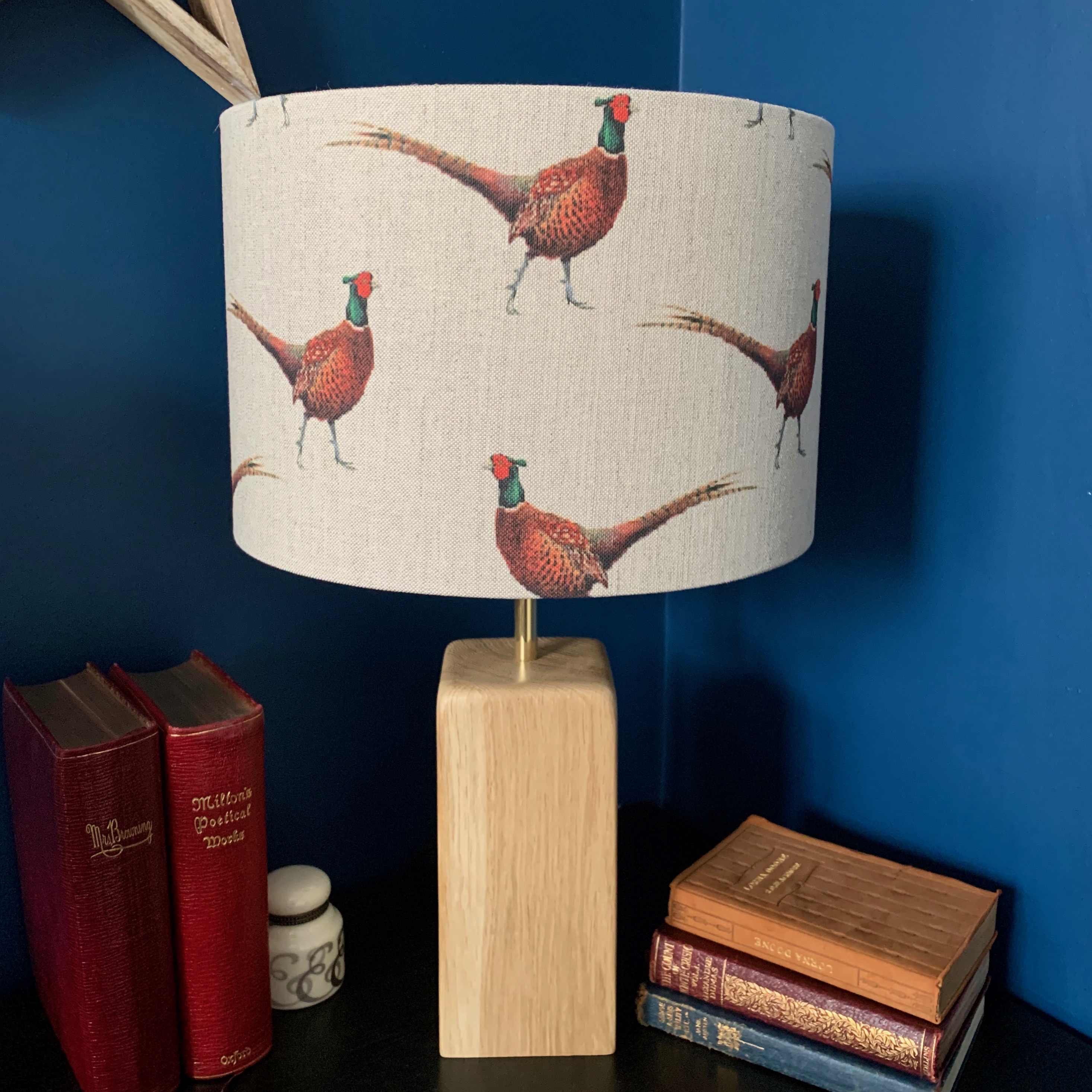 Pheasant Print Lampshade - slate and oak Handmade exclusive fabric design