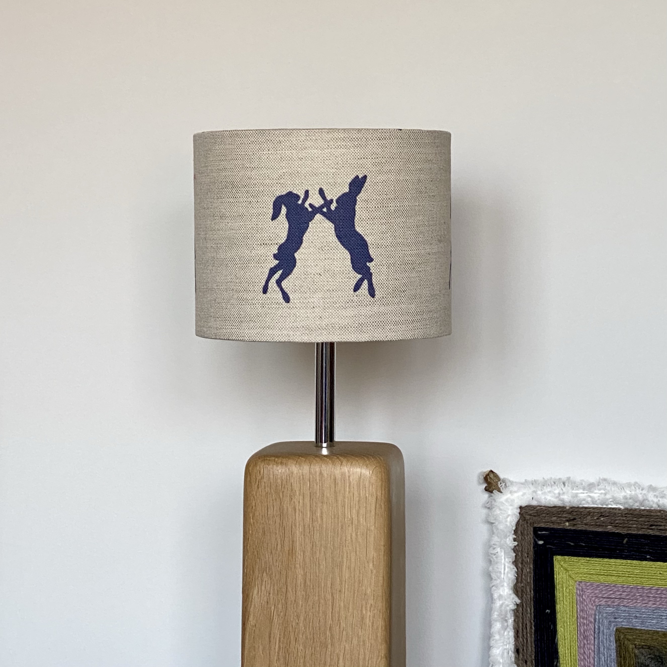 Boxing Hares Lampshade - slate and oak in our exclusive design fabric